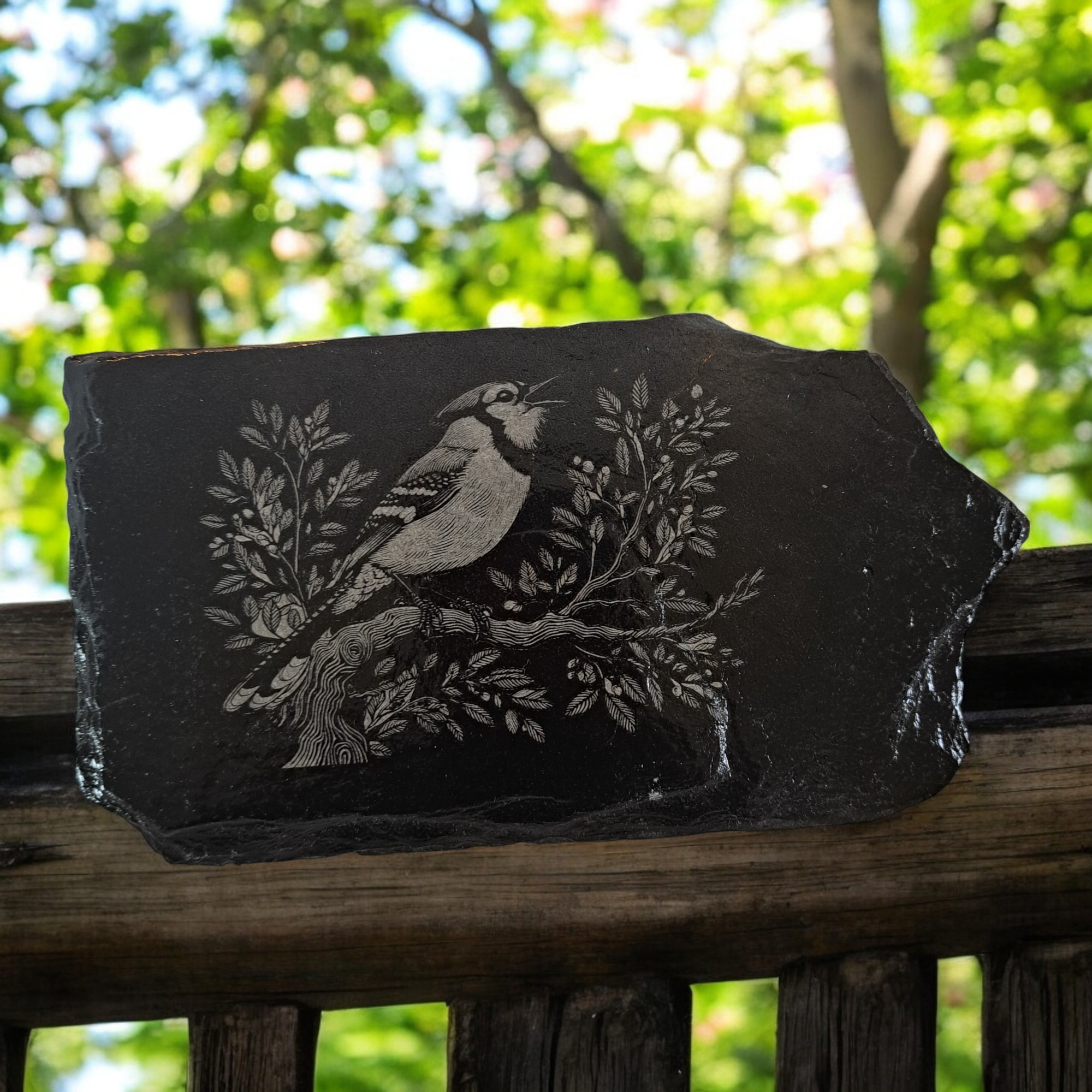 Blue Jay Engraved on Natural Shaped Slate - Homestead Treasures