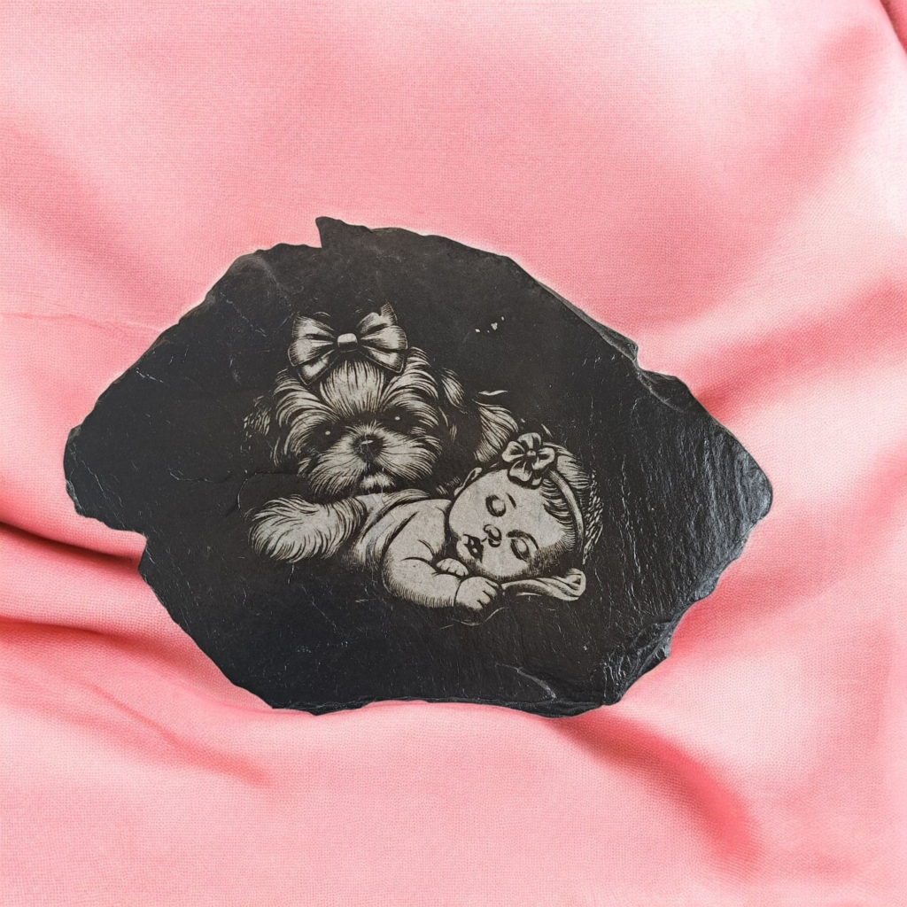 "Watching over Baby" - Shih Tzu puppy with Baby - Engraved Slate ...