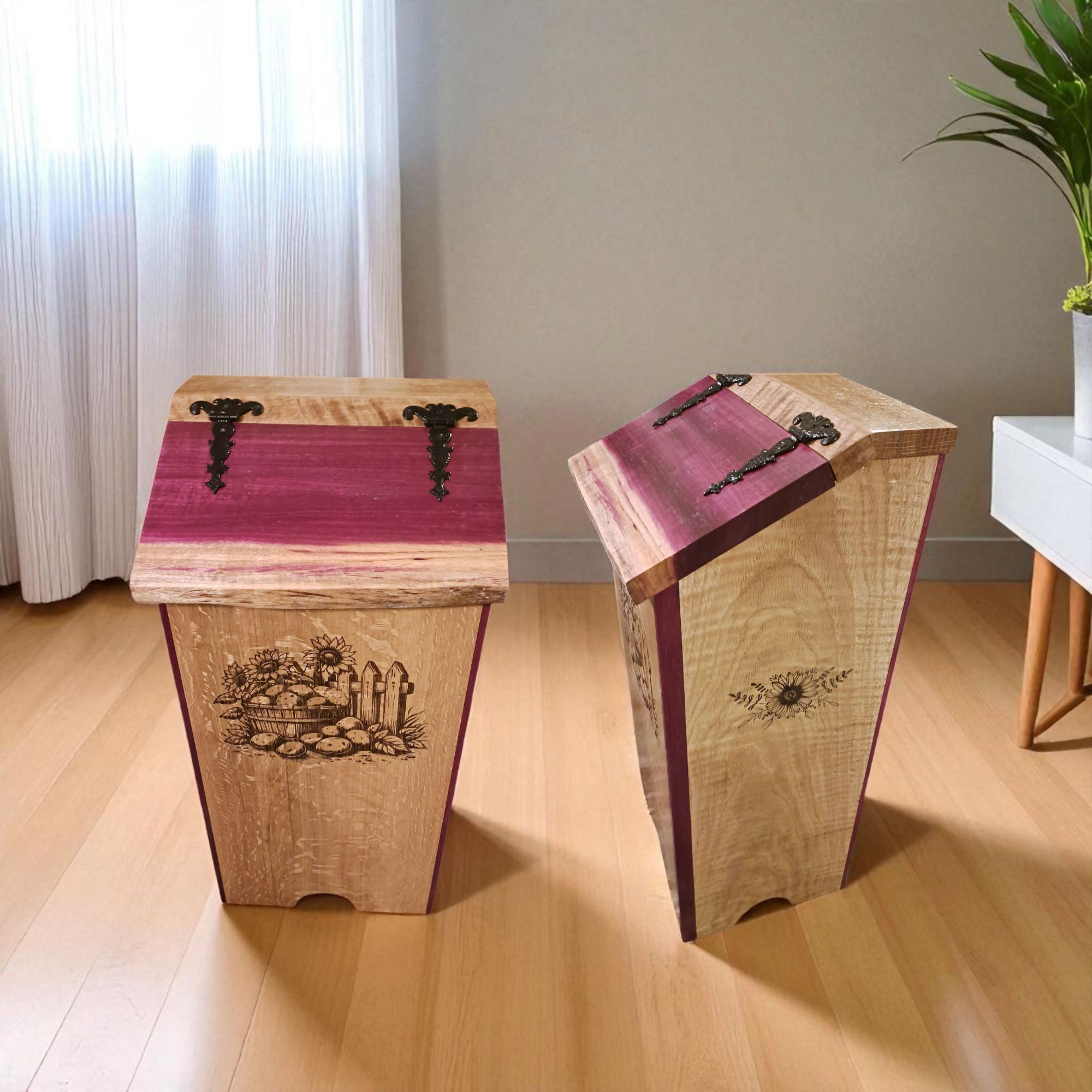 Premium Quarter Sawn White Oak & Purple Heart Potato Bin with Sunflower ...