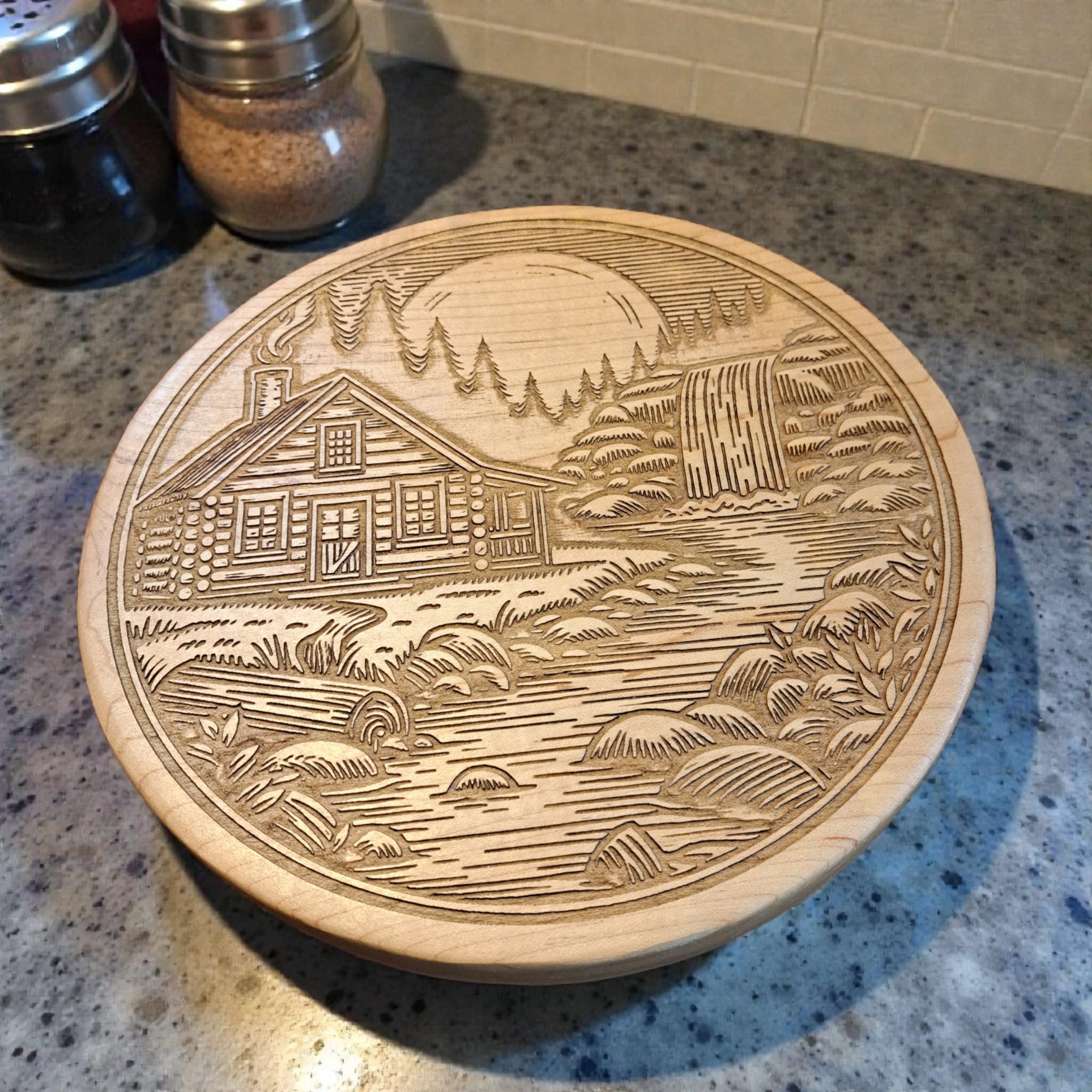 Maple Lazy Susan Engraved with Log Cabin - Homestead Treasures